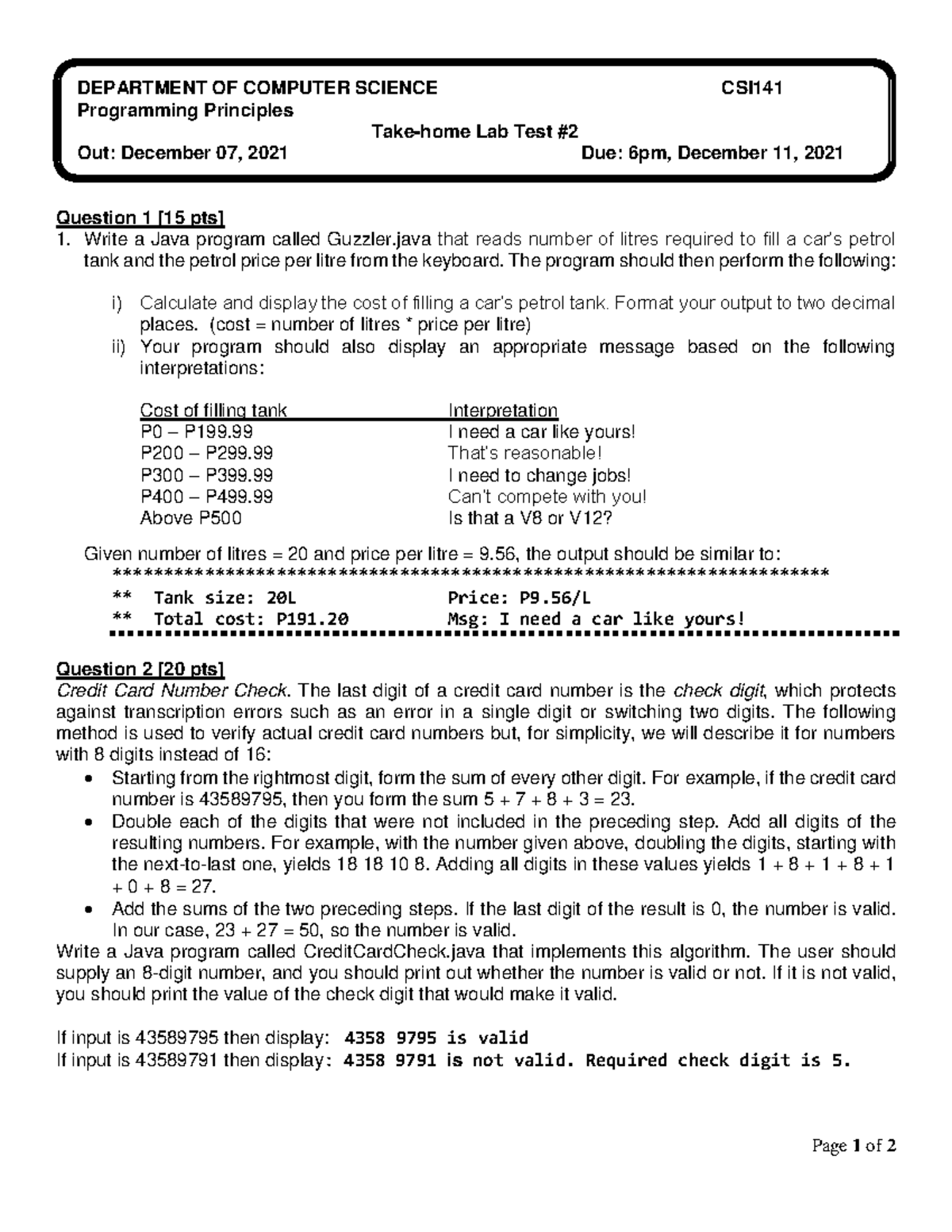 Csi141 Lab Test 2-Takehome - Page 1 of 2 Question 1 [15 pts] Write a ...