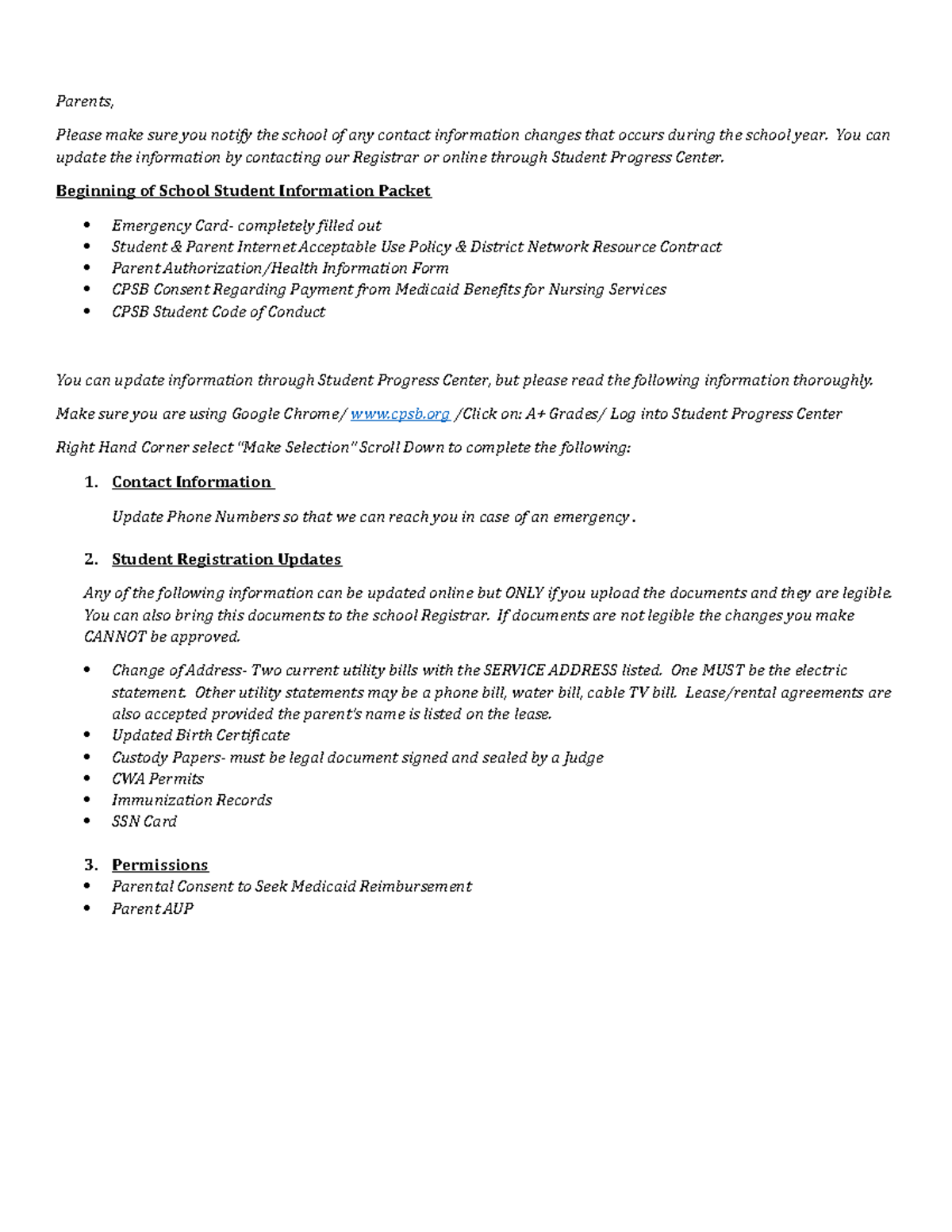 Beginning of the school year checklist 3 - Parents, Please make sure ...