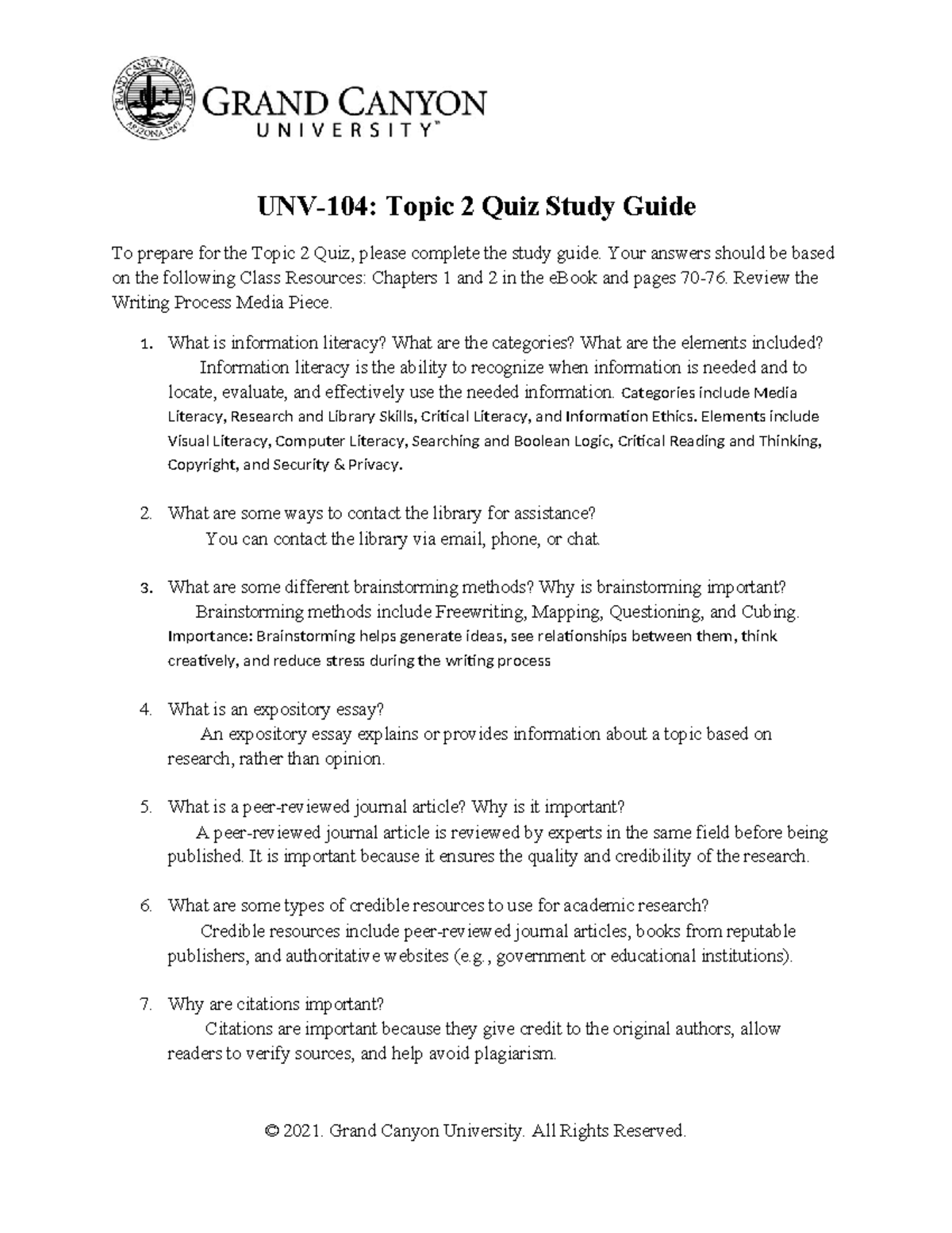 Topic 2 Study Guide - UNV-104: Topic 2 Quiz Study Guide To prepare for ...