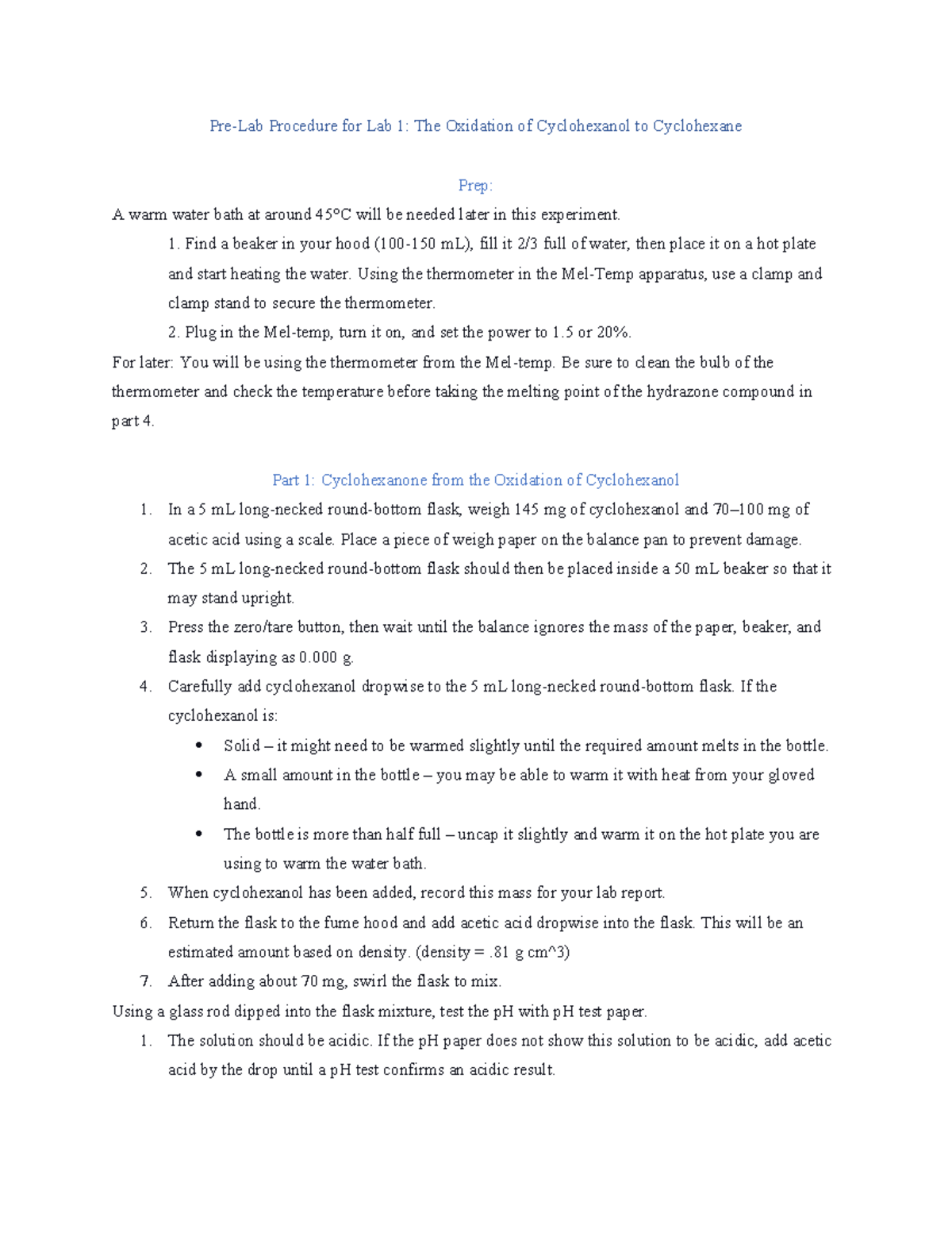 Prelab 1 - Pre-Lab Procedure for Lab 1: The Oxidation of Cyclohexanol to Cyclohexane Prep: A ...