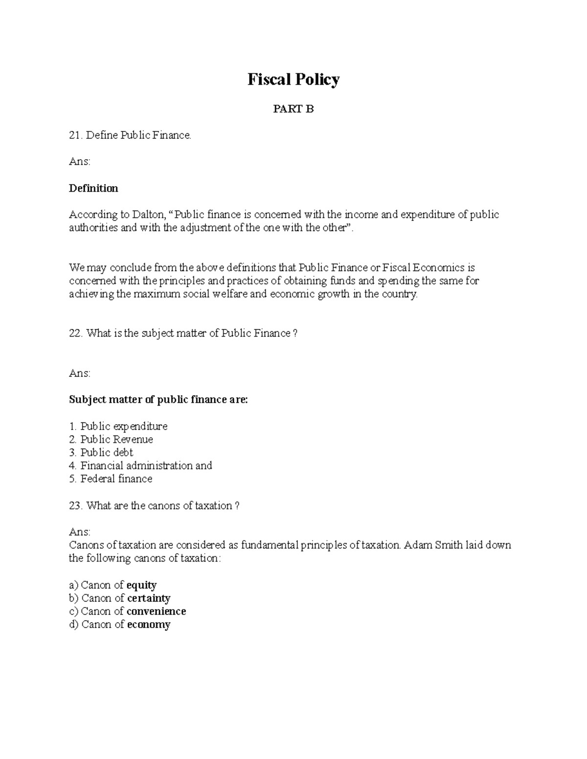 12. Fiscal Policy - Lecture notes 1 - Fiscal Policy PART B 21. Define ...