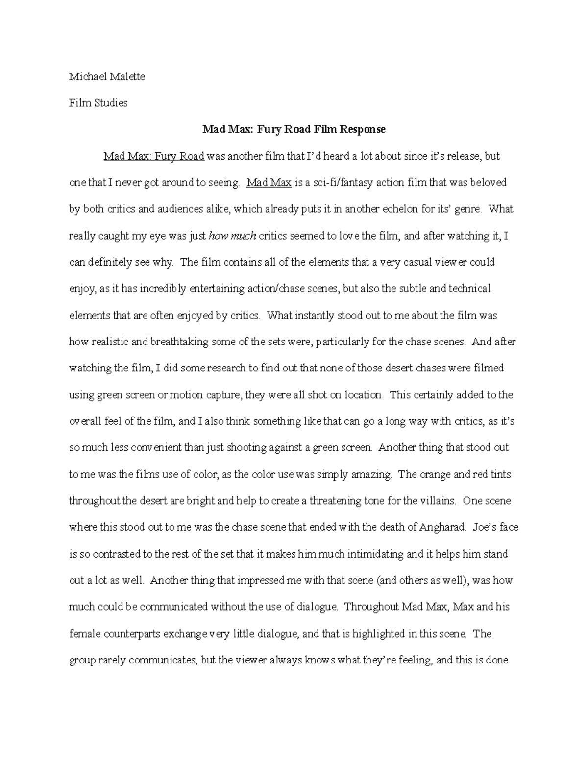 Mad Max Fury Road Film Response - Michael Malette Film Studies Mad Max ...