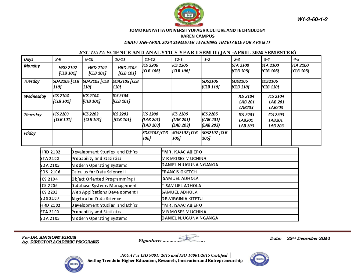 Draft JAN- April 2024 Semester Teaching Timetable FOR THE APS & IT ...