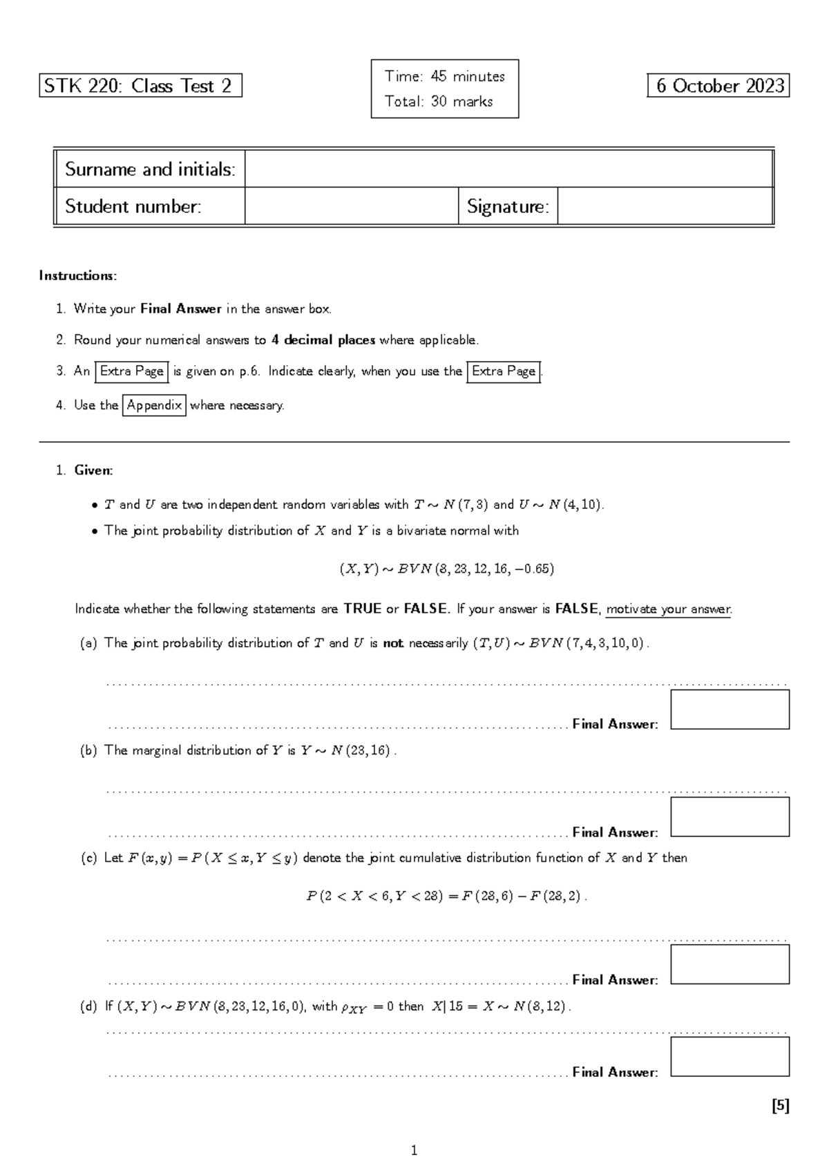 Class Test 2 2023 - STK 220: Class Test 2 Time: 45 minutesTotal: 30 ...