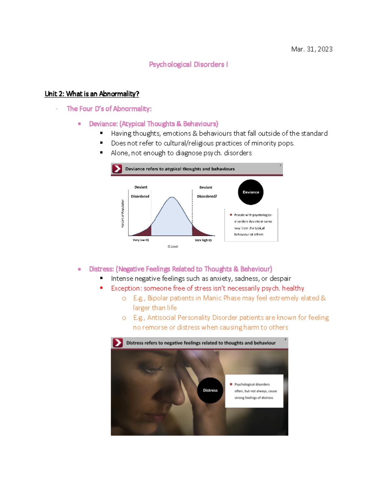 Psychological Disorders Notes - Mar. 31, 2023 Psychological Disorders I ...