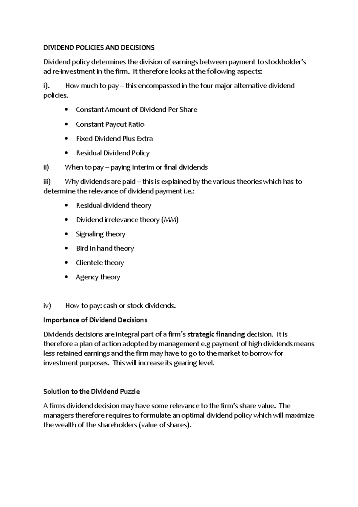 Dividend Policy Decisions Notes - DIVIDEND POLICIES AND DECISIONS ...
