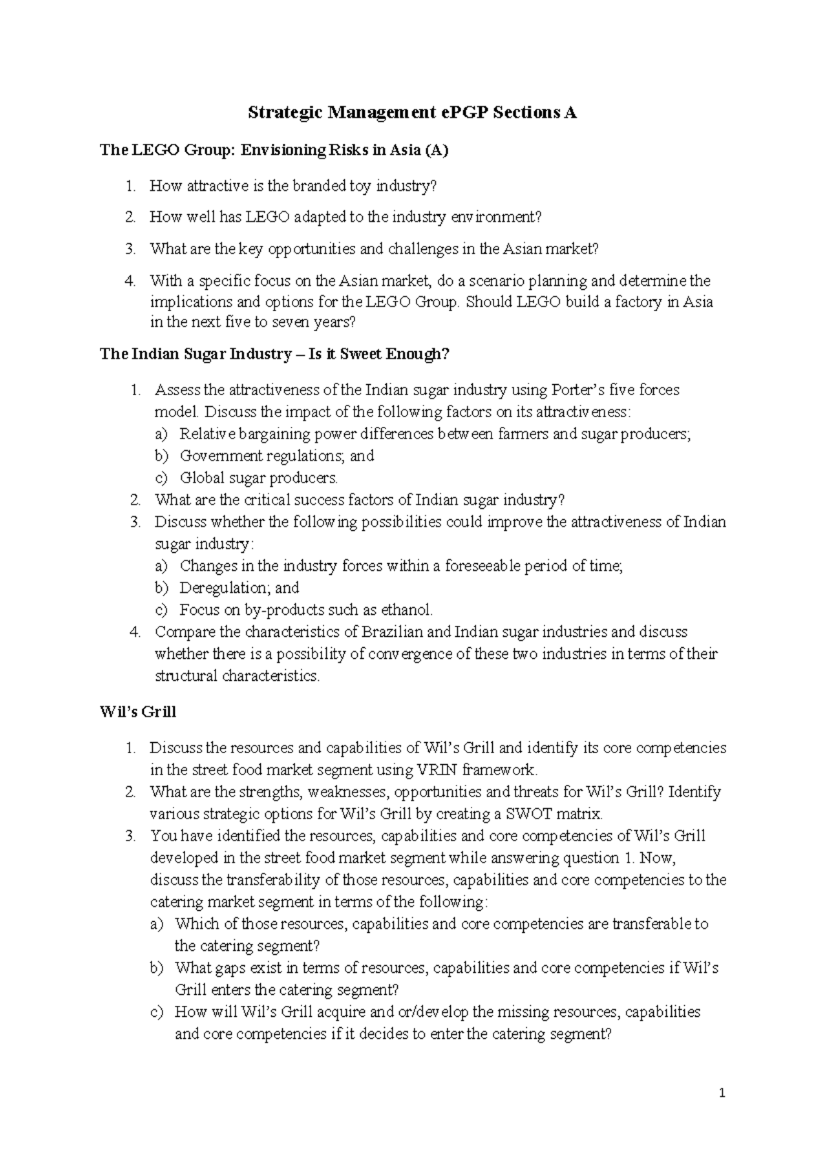 Case Discussion Questions - Strategic Management ePGP Sections A The ...