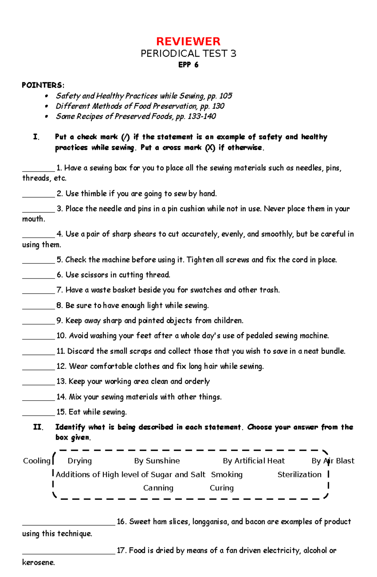 PT3-EPP6 - Third Quarter Test in EPP - REVIEWER PERIODICAL TEST 3 EPP 6 ...