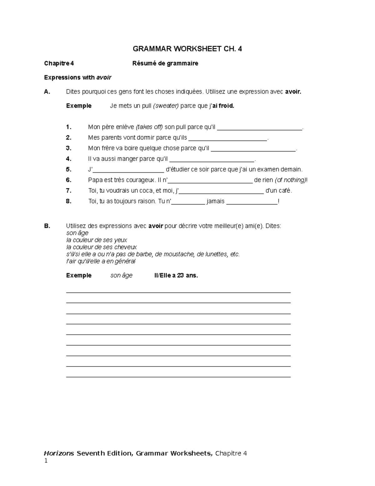 Chap4grammar - Worksheets to help with grammar when writing in French ...