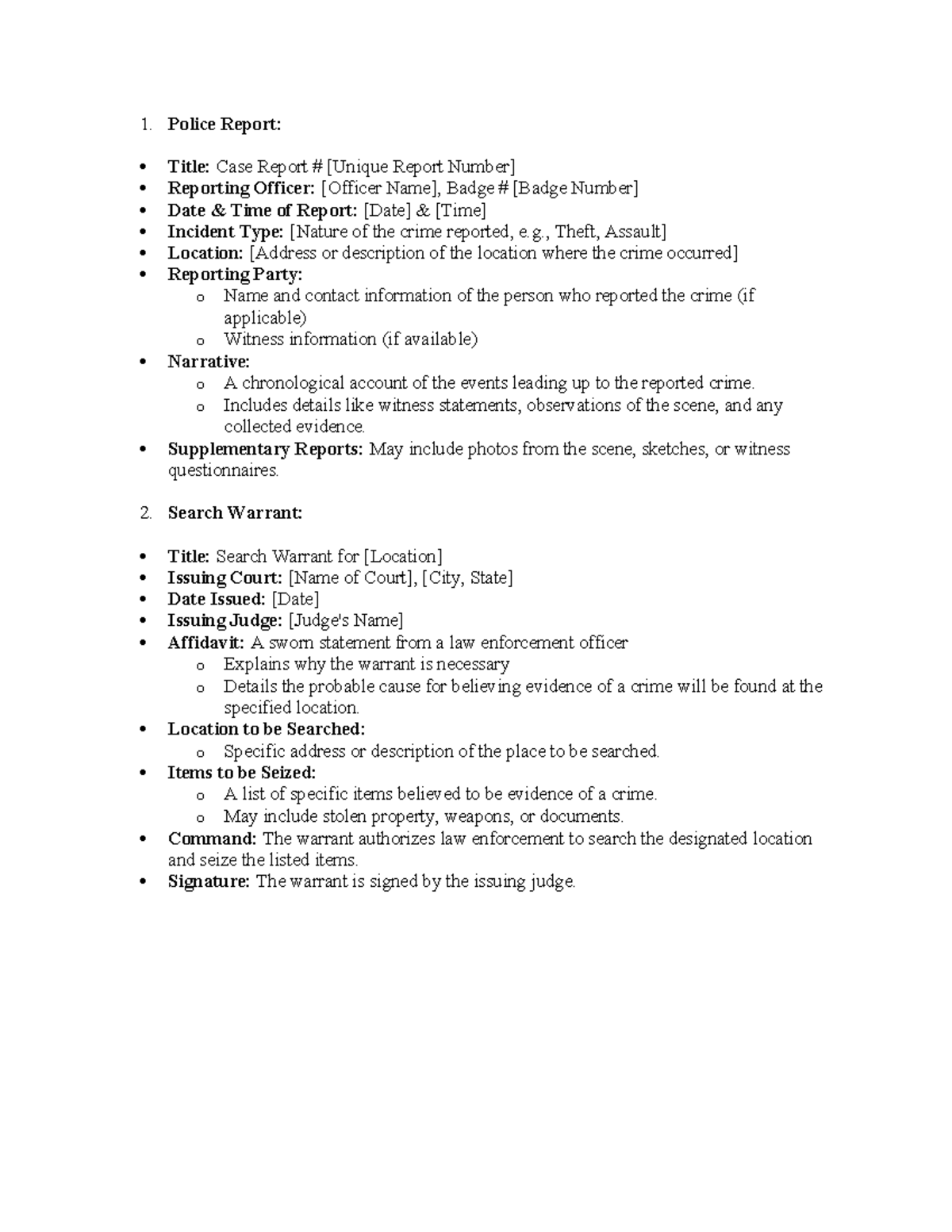 Report and search warrant - 1. Police Report: Title: Case Report ...