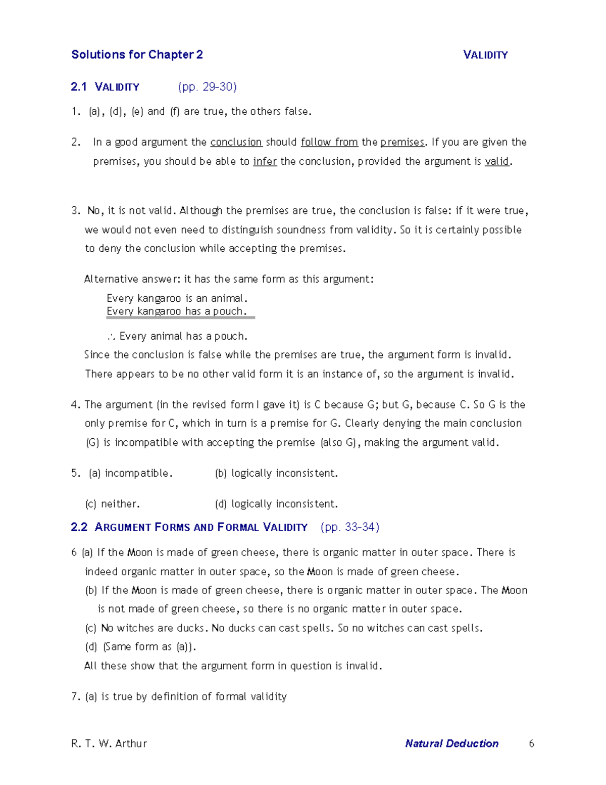 Logic Part I Solutions - Textbook answers for part 1 - Solutions for Chapter 2 VALIDITY 2 ...