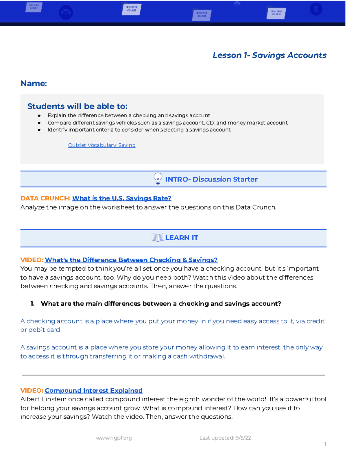 Introduction to Savings Accounts - Lesson 1- Savings Accounts Name ...