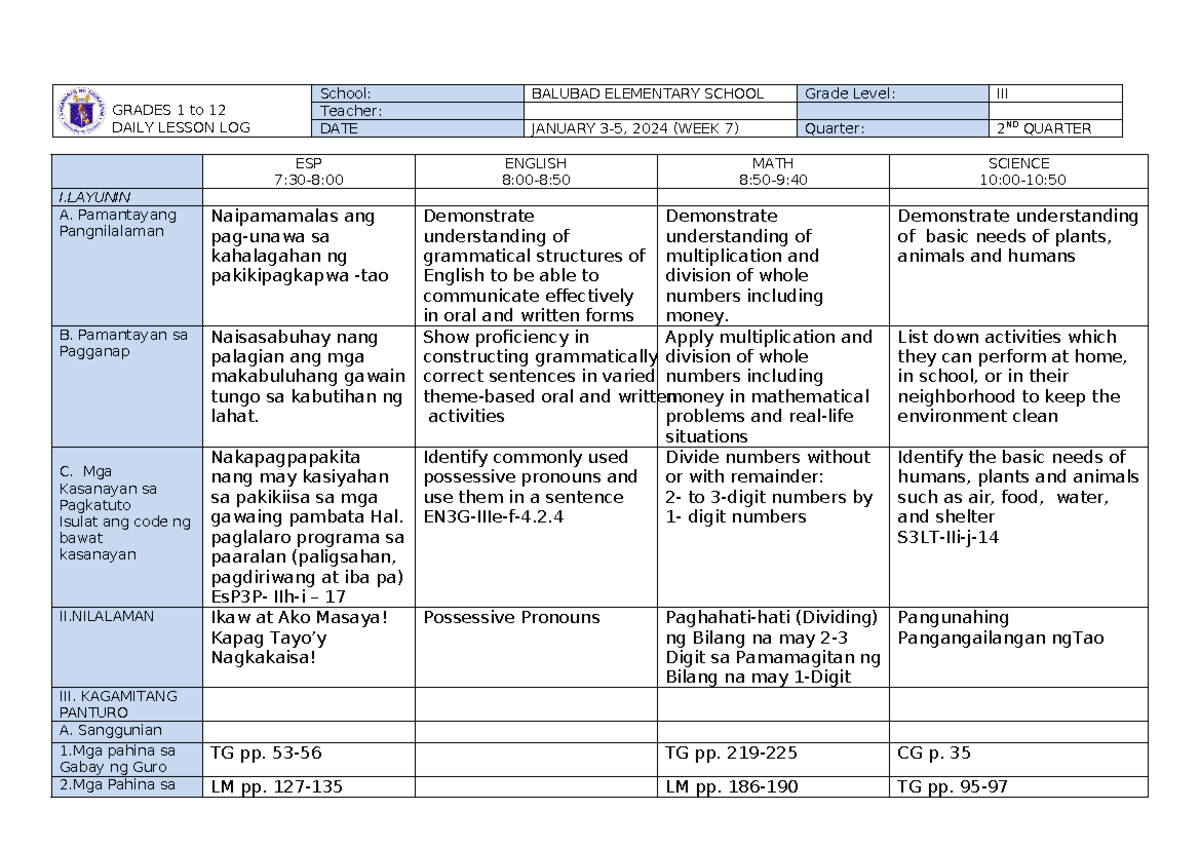 Week 7 day 3 - sample - GRADES 1 to 12 DAILY LESSON LOG School: BALUBAD ...