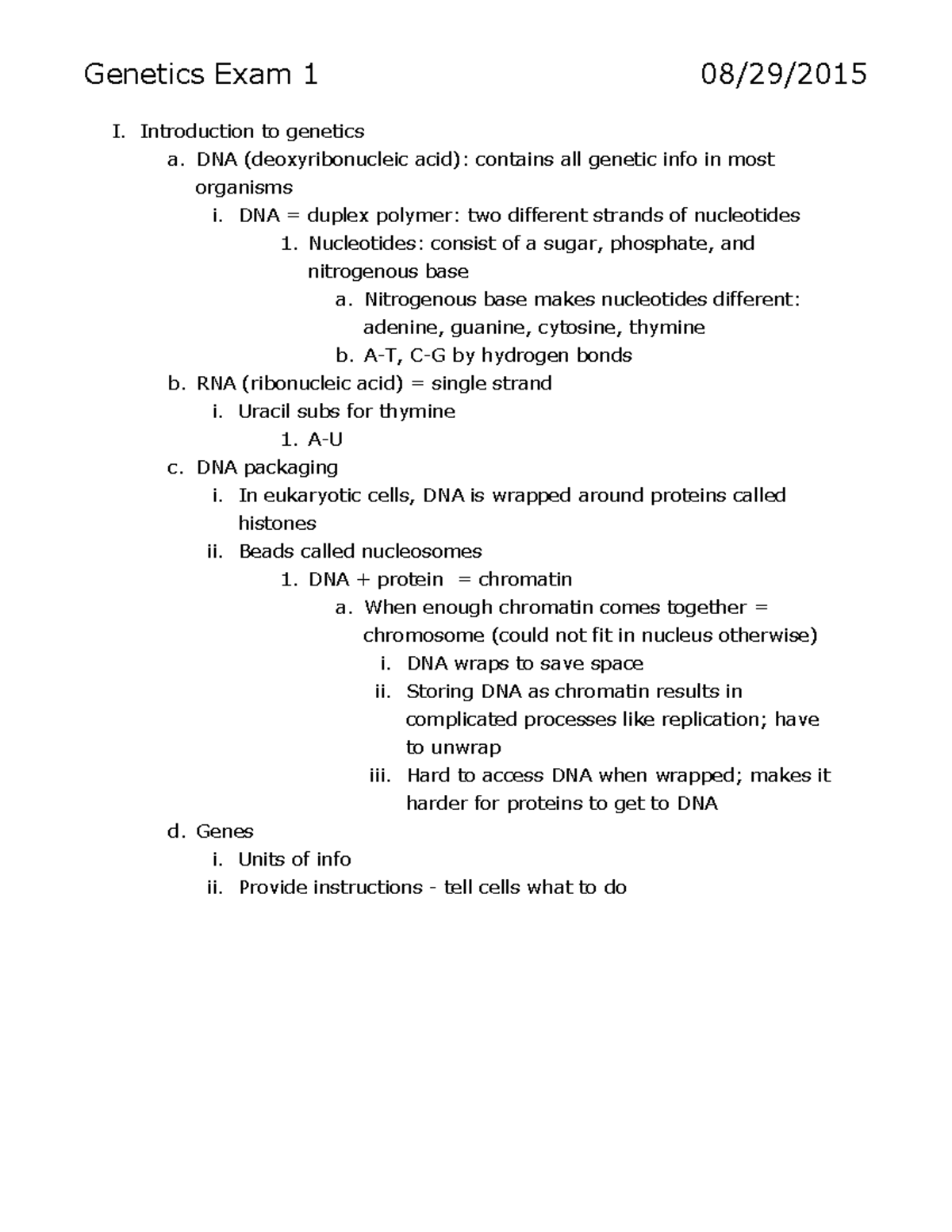 Genetics Exam 1 - Matthew Talbert - Genetics Exam 1 08/29/ I ...