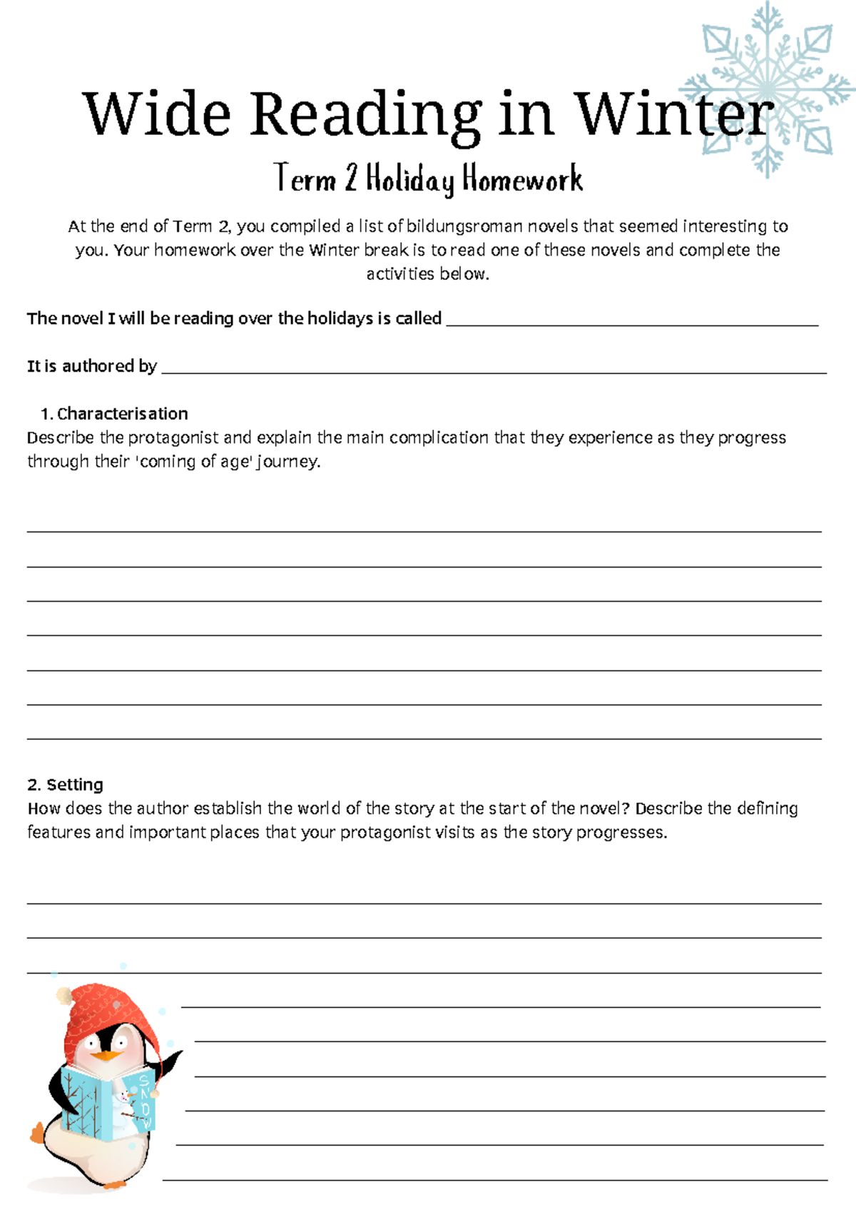 Winter Holiday Homework - Characterisation The novel I will be reading ...