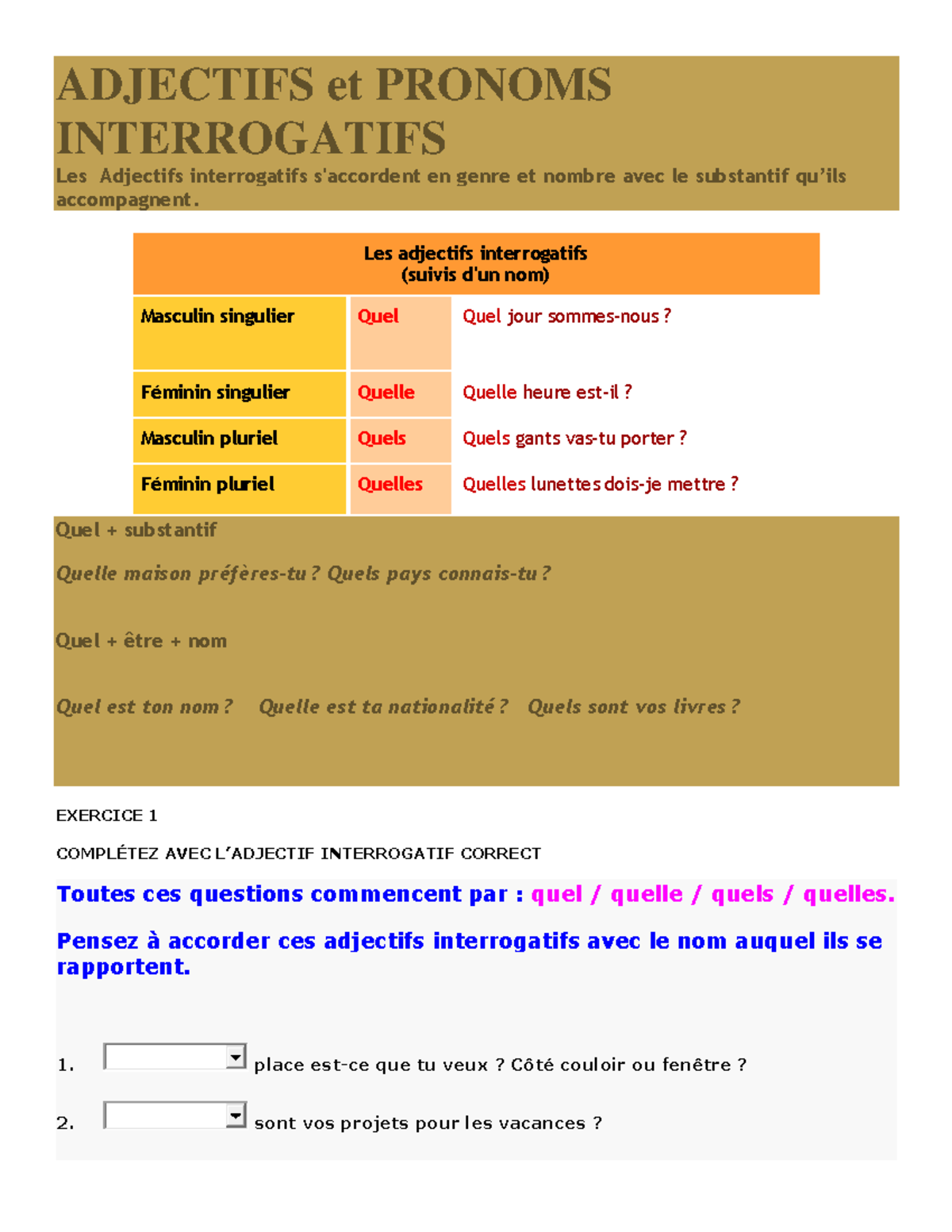 Adjectifs et Pronoms Interrogatifs - ADJECTIFS et PRONOMS INTERROGATIFS ...