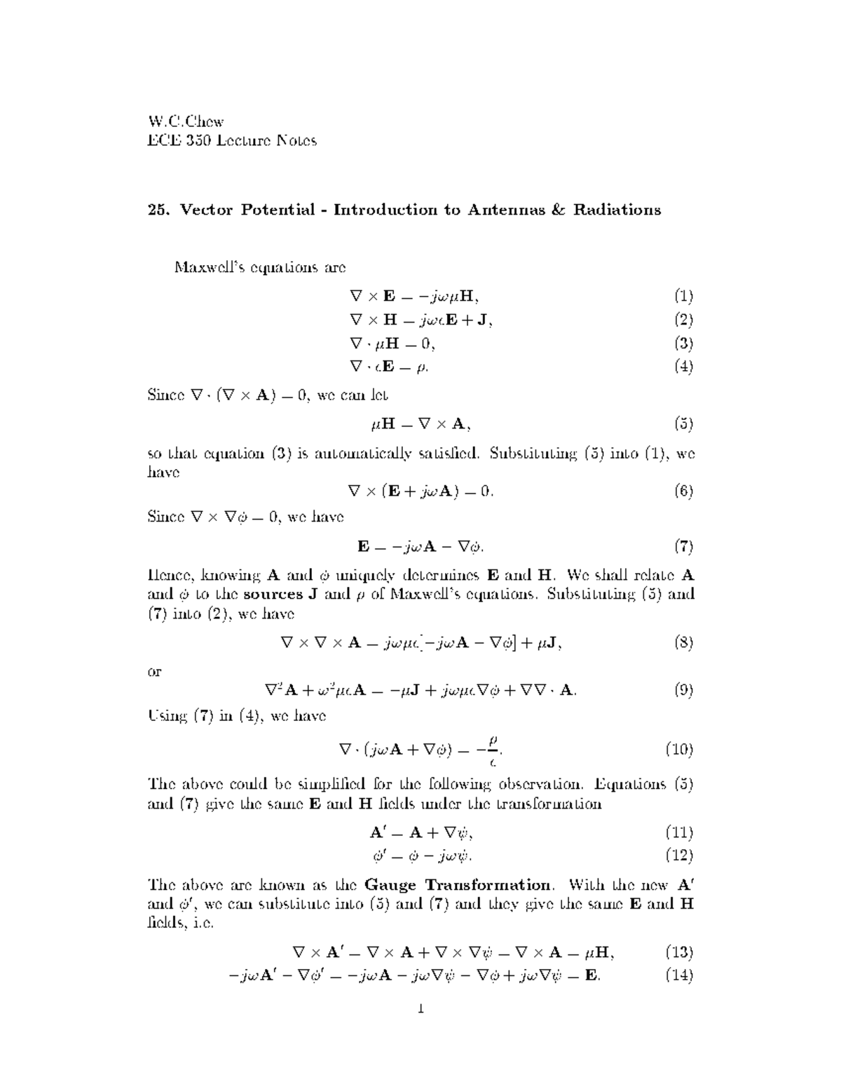 2019-2020 Lecture 25 - W C Chew ECE Lecture Notes Vector Potential ...