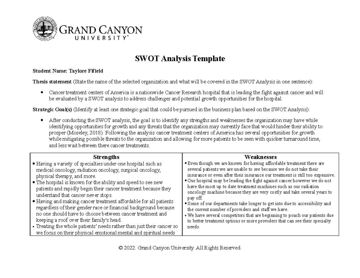 SWOT Analysis CTCA - SWOT Analysis Template Student Name: Taylore ...
