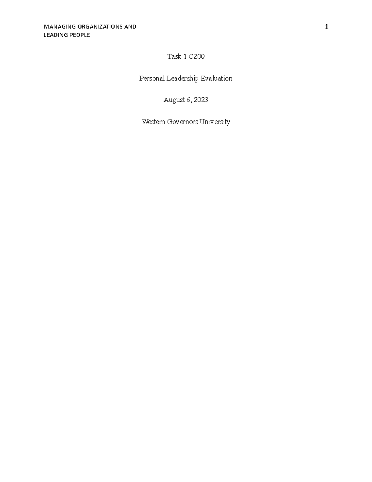 Task 1 C200 - Personal Leadership Evaluation - MANAGING ORGANIZATIONS ...