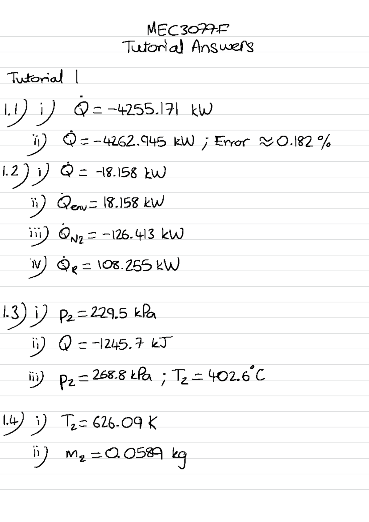 Tutorial Test 1 2023 Solution - MEC 3077A Tutorial Answers Tutorial I 1 ...
