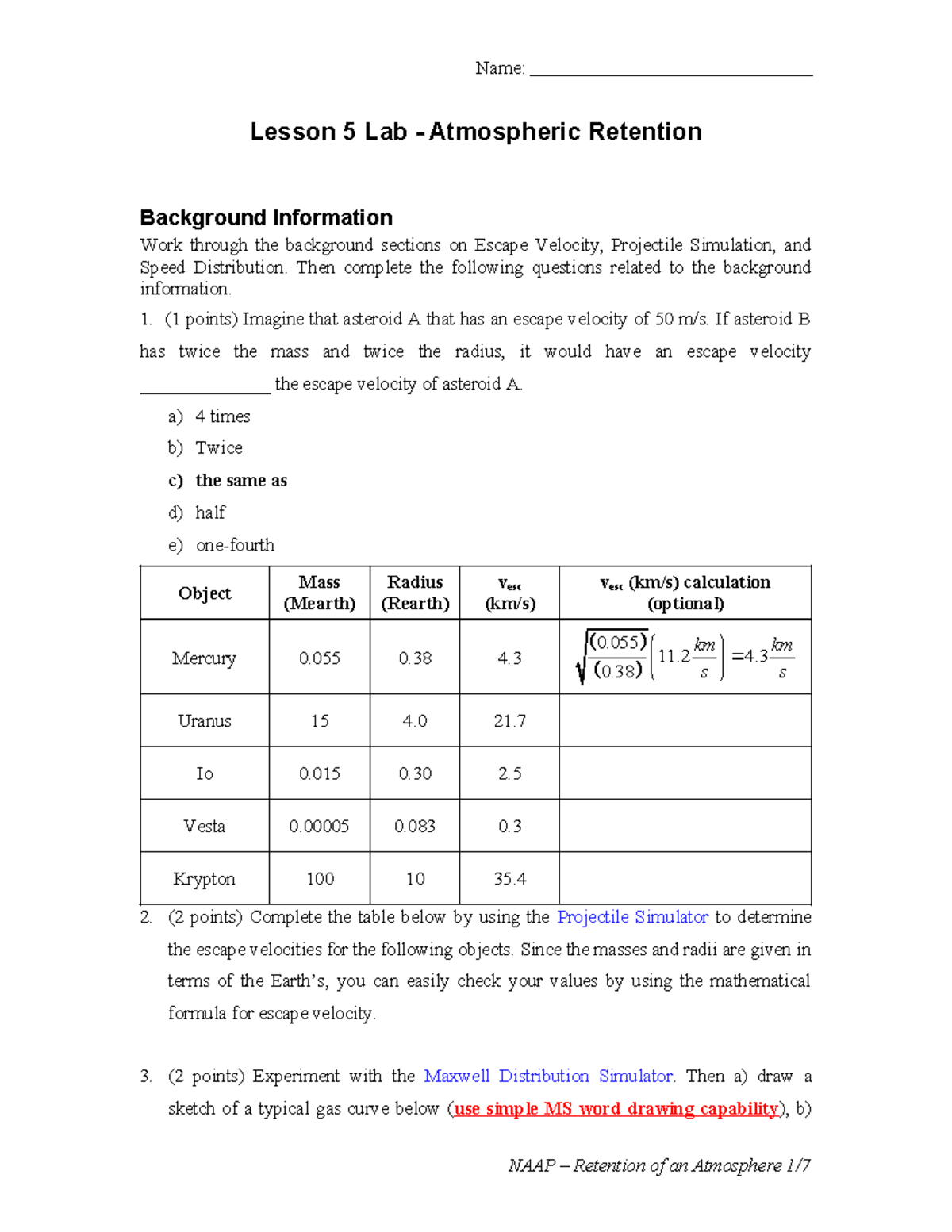 Lesson 5 Lab - Atmospheric Retention Worksheet DOC - Name: Lesson 5 Lab ...