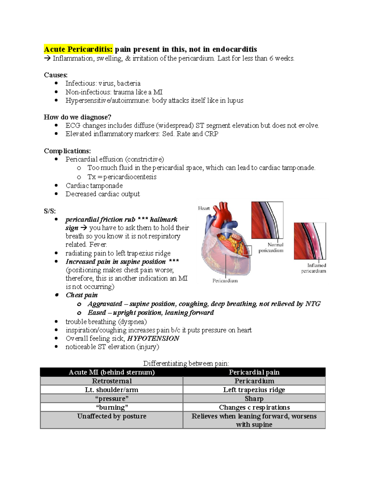 Acute Pericarditis - Last for less than 6 weeks. Causes: Infectious ...