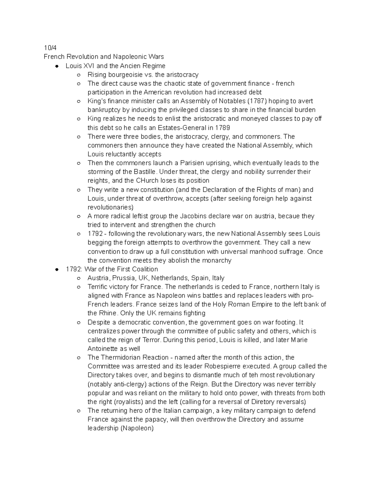 October - IR 212 - lecture notes - 10/ French Revolution and Napoleonic ...