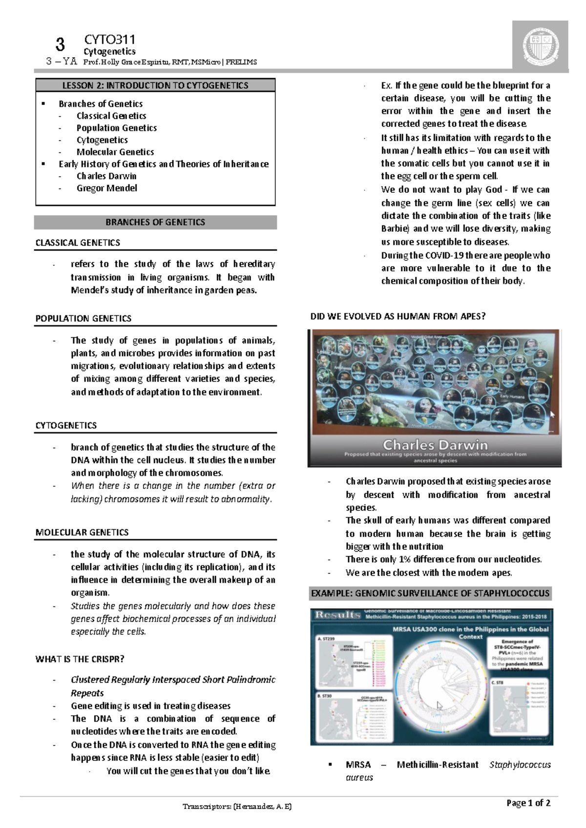 CYTO311 - Lesson 2 - Notes and etc. - Page 1 of 2 3 Cytogenetics 3 – YA ...