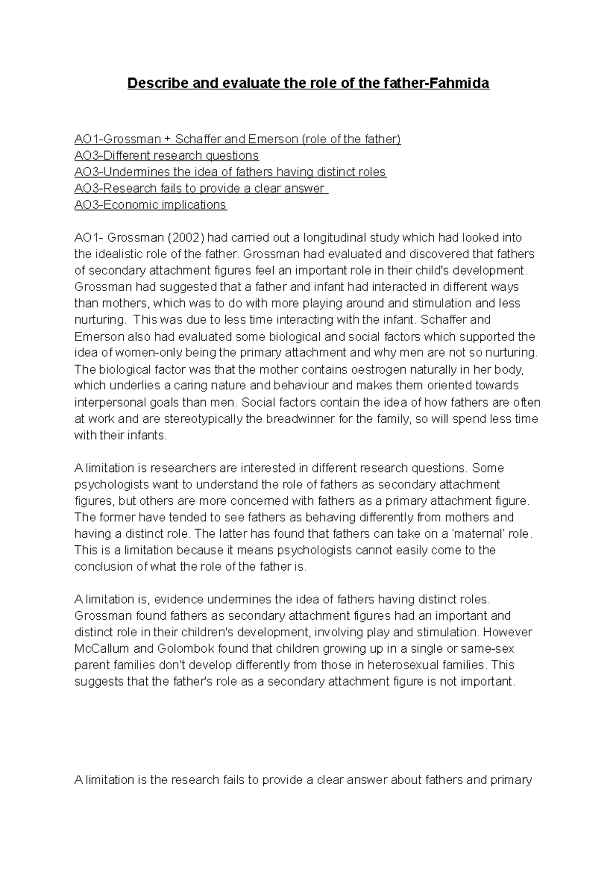 Role of The Father Essay- Psychology - Describe and evaluate the role ...