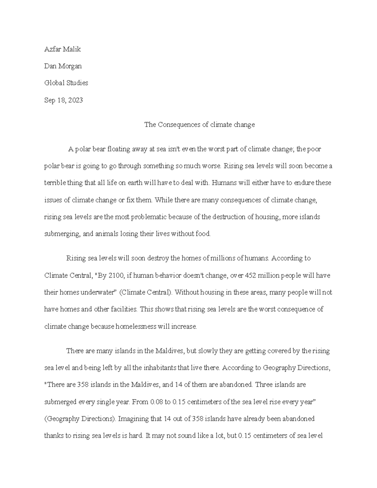The condequences of climate change DBQ - Azfar Malik Dan Morgan Global ...