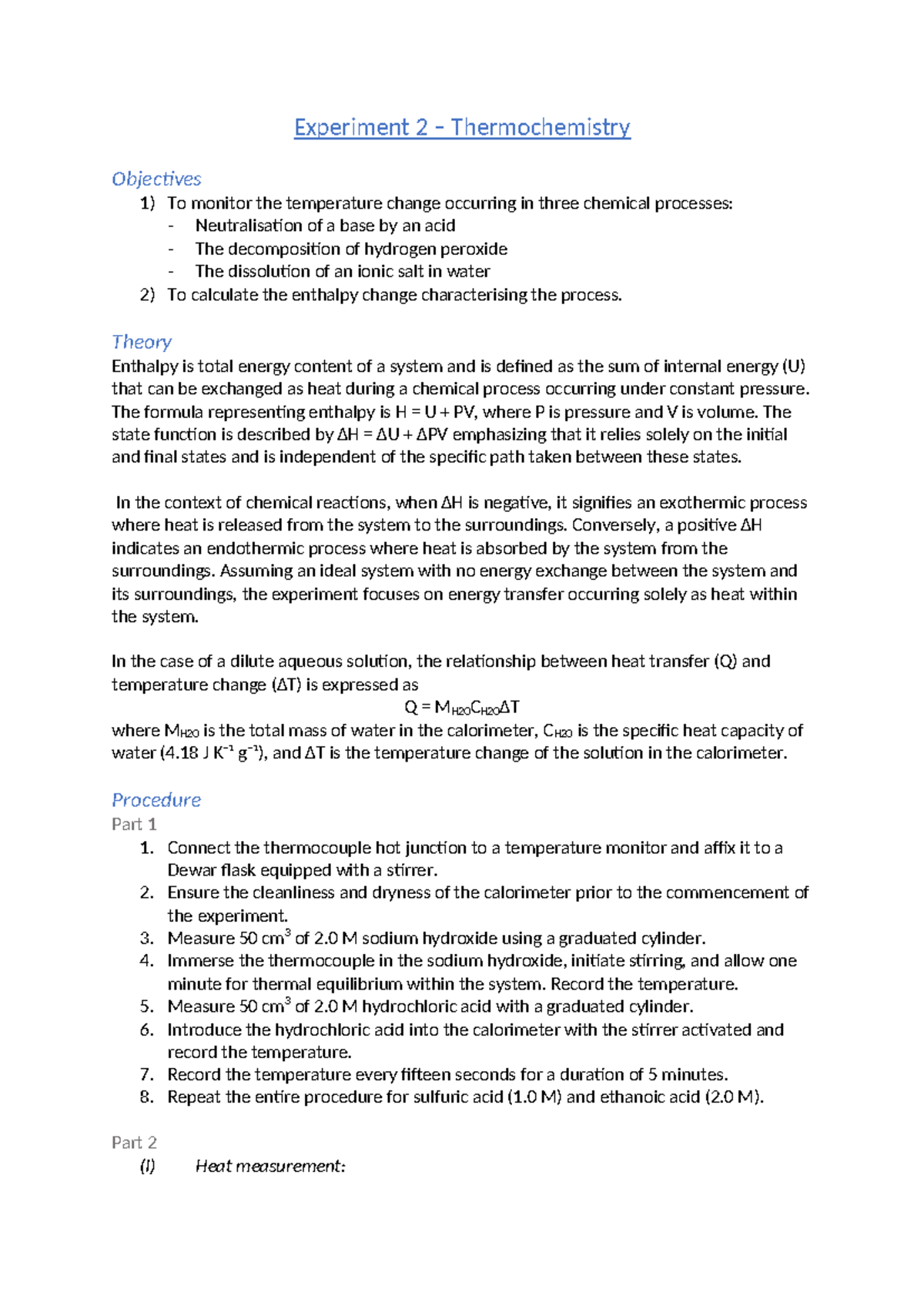 Experiment 2 - thermochem - Experiment 2 – Thermochemistry Objectives 1 ...