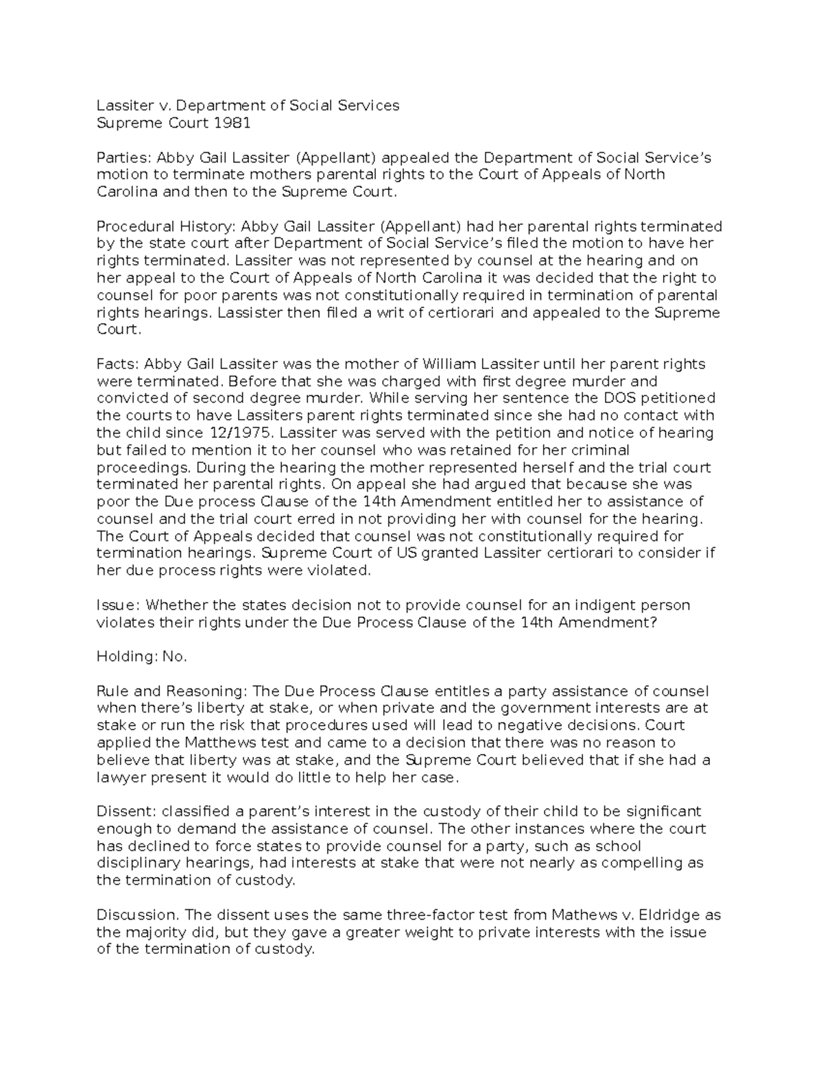 Lassiter v. DOS - Civ Pro - Lassiter v. Department of Social Services ...