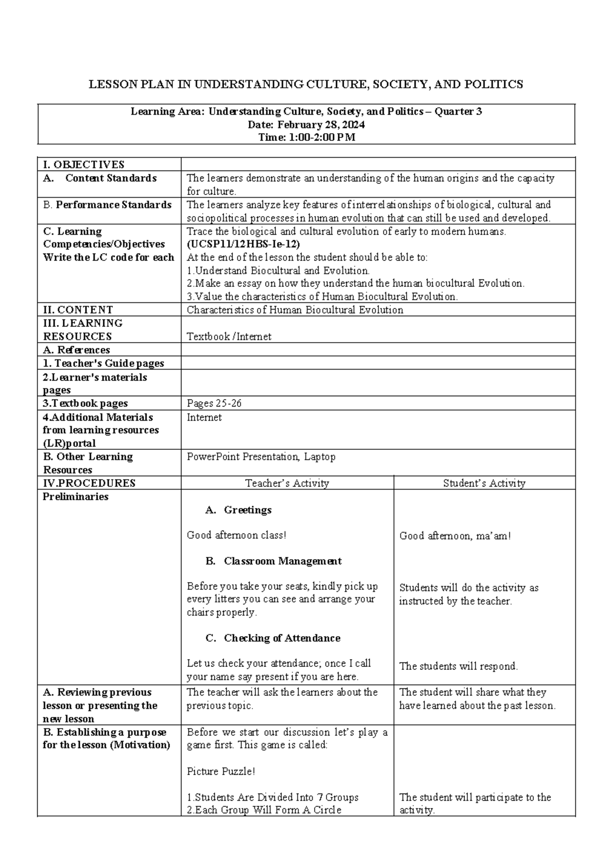 Human Biocultural Evolution - LESSON PLAN IN UNDERSTANDING CULTURE ...