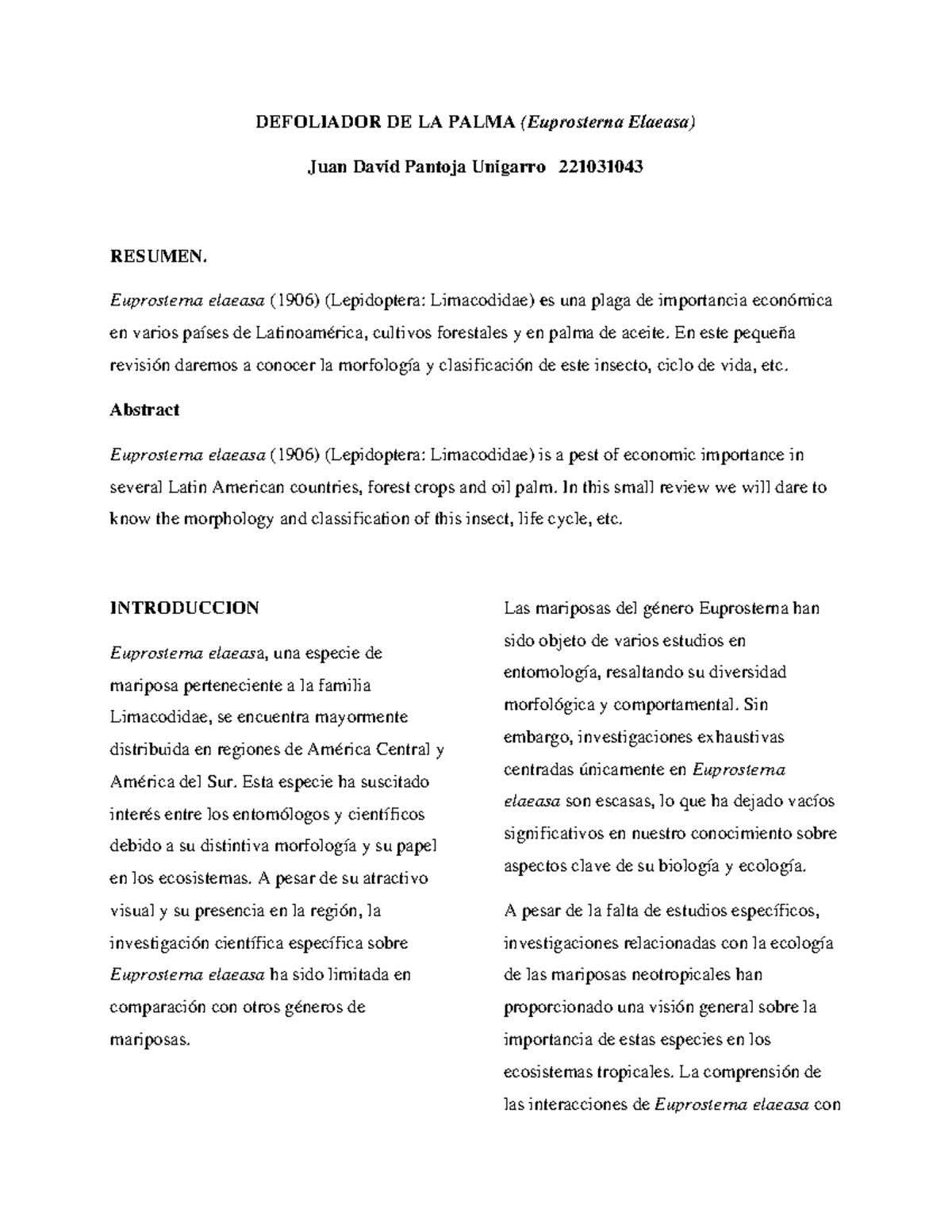 Entomologia Insecto Plaga - DEFOLIADOR DE LA PALMA (Euprosterna Elaeasa ...