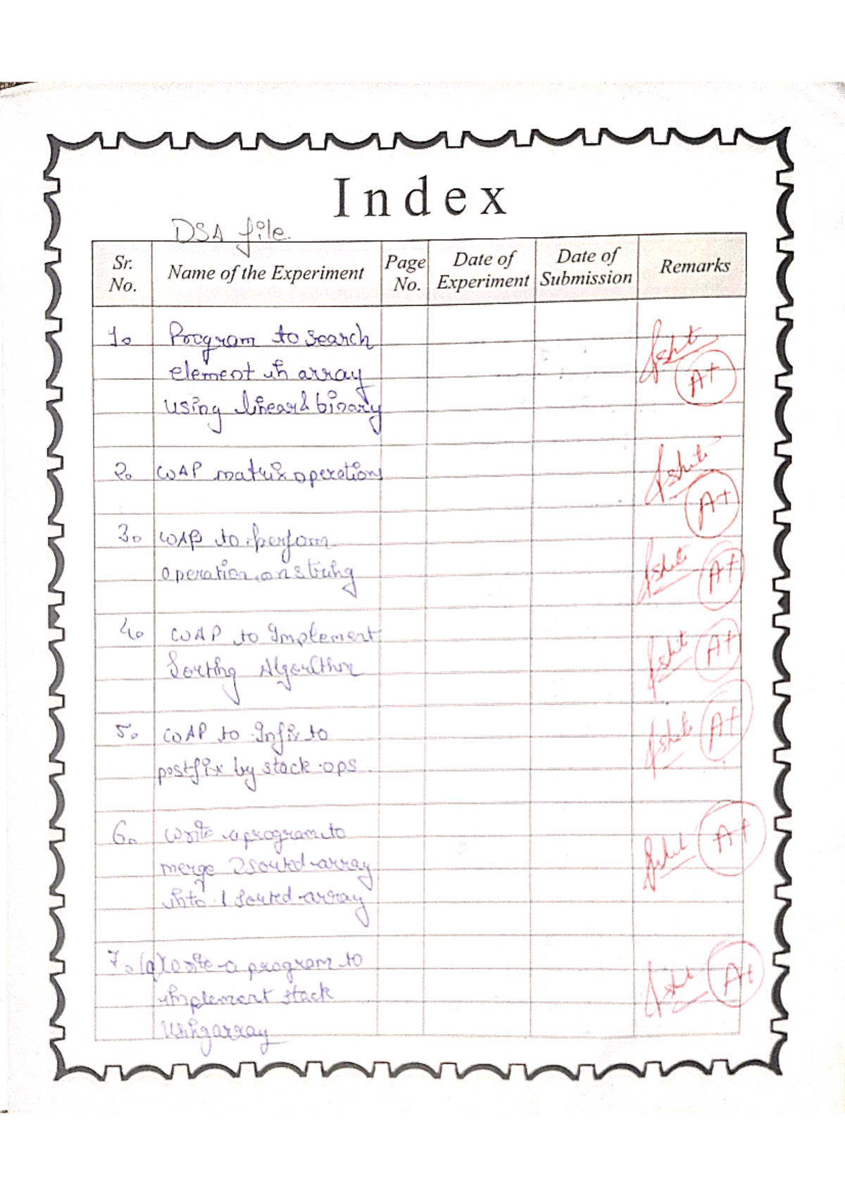 Dsa Practical File Full Completed 3rd Sem Index Dsa File Sr Name Of The Experiment Page Date