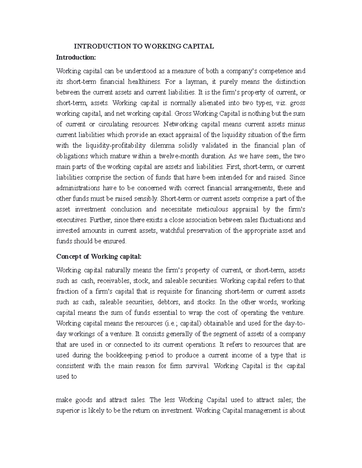 Working Capital Maagement - INTRODUCTION TO WORKING CAPITAL ...