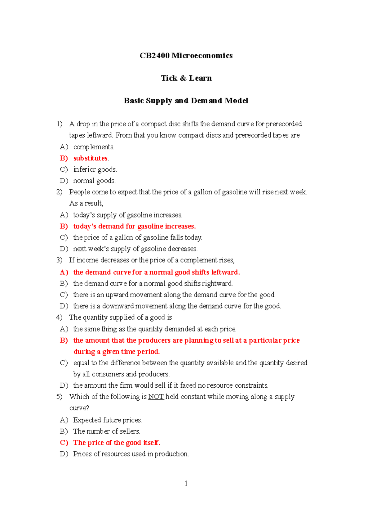 Ch. 2 Tick & Learn questions - CB2400 Microeconomics Tick & Learn Basic Supply and Demand Model ...
