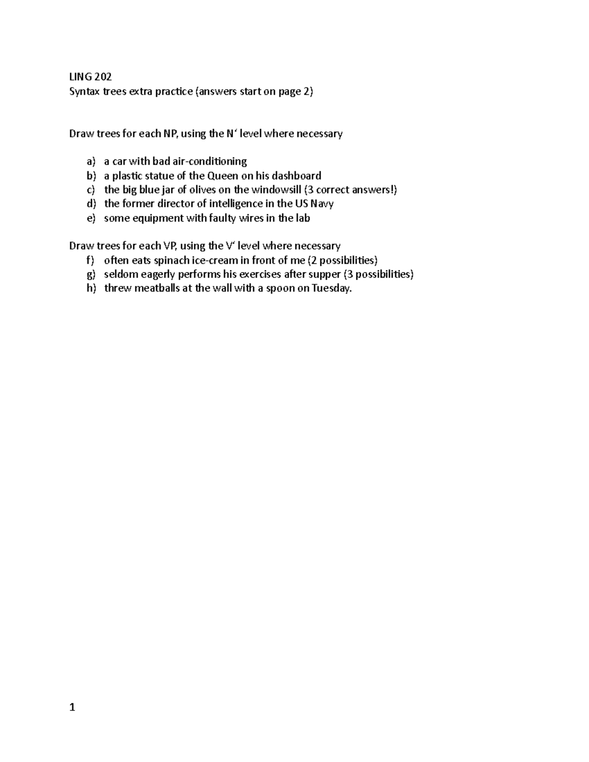 Extra Practice Syntax Professor Larsen Ling 202 Syntax Trees Extra Practice Answers Start