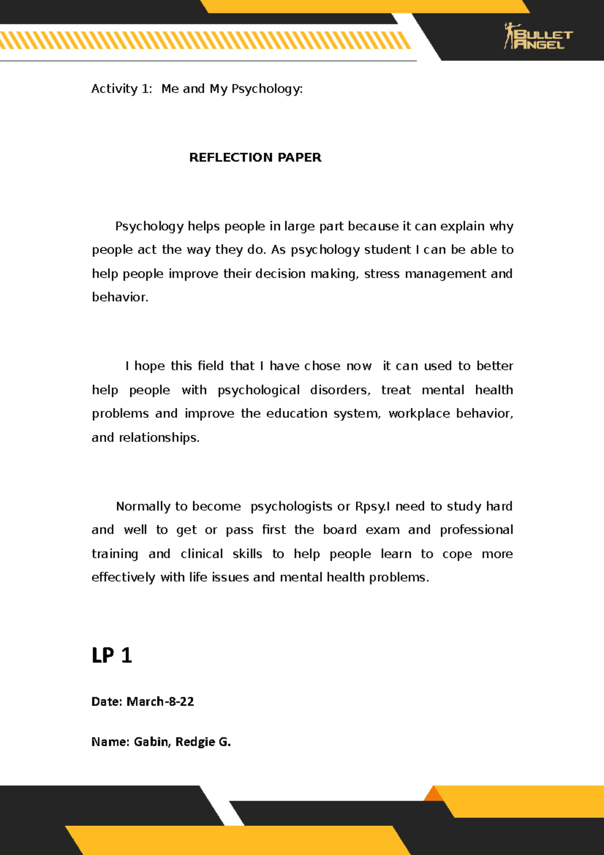 Dynamics Lp1 hhhhhhjj - Activity 1: Me and My Psychology: REFLECTION ...