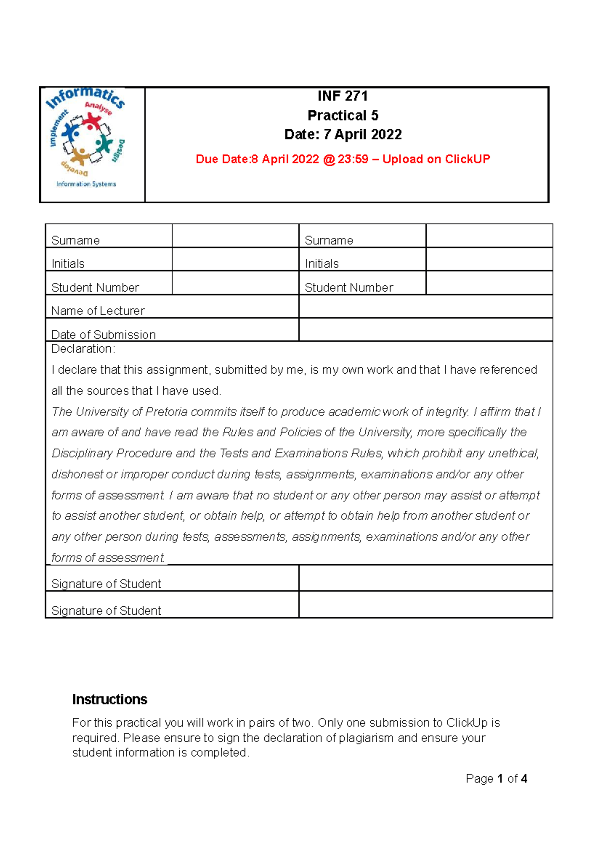 Practical 5 Instructions - INF 271 Practical 5 Date: 7 April 2022 Due ...