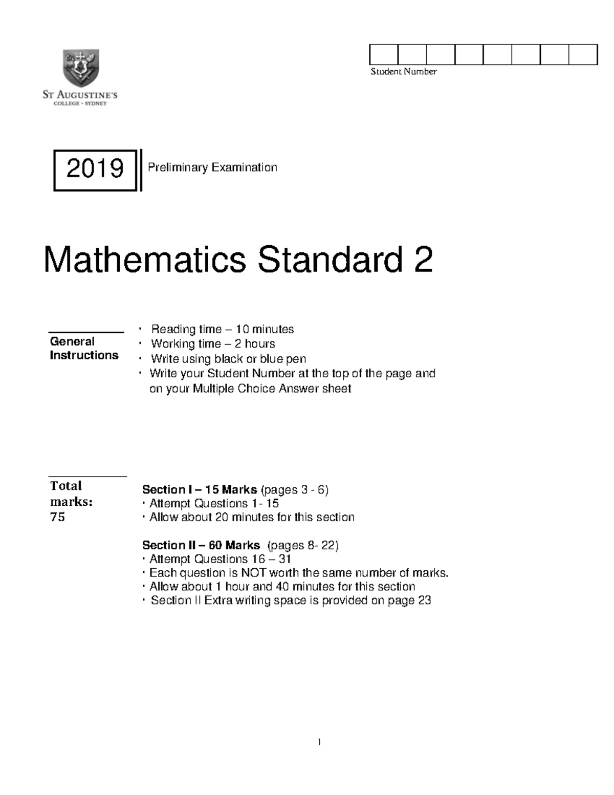 2019 End of Course Mathematics Standard Exam - Student Number ...