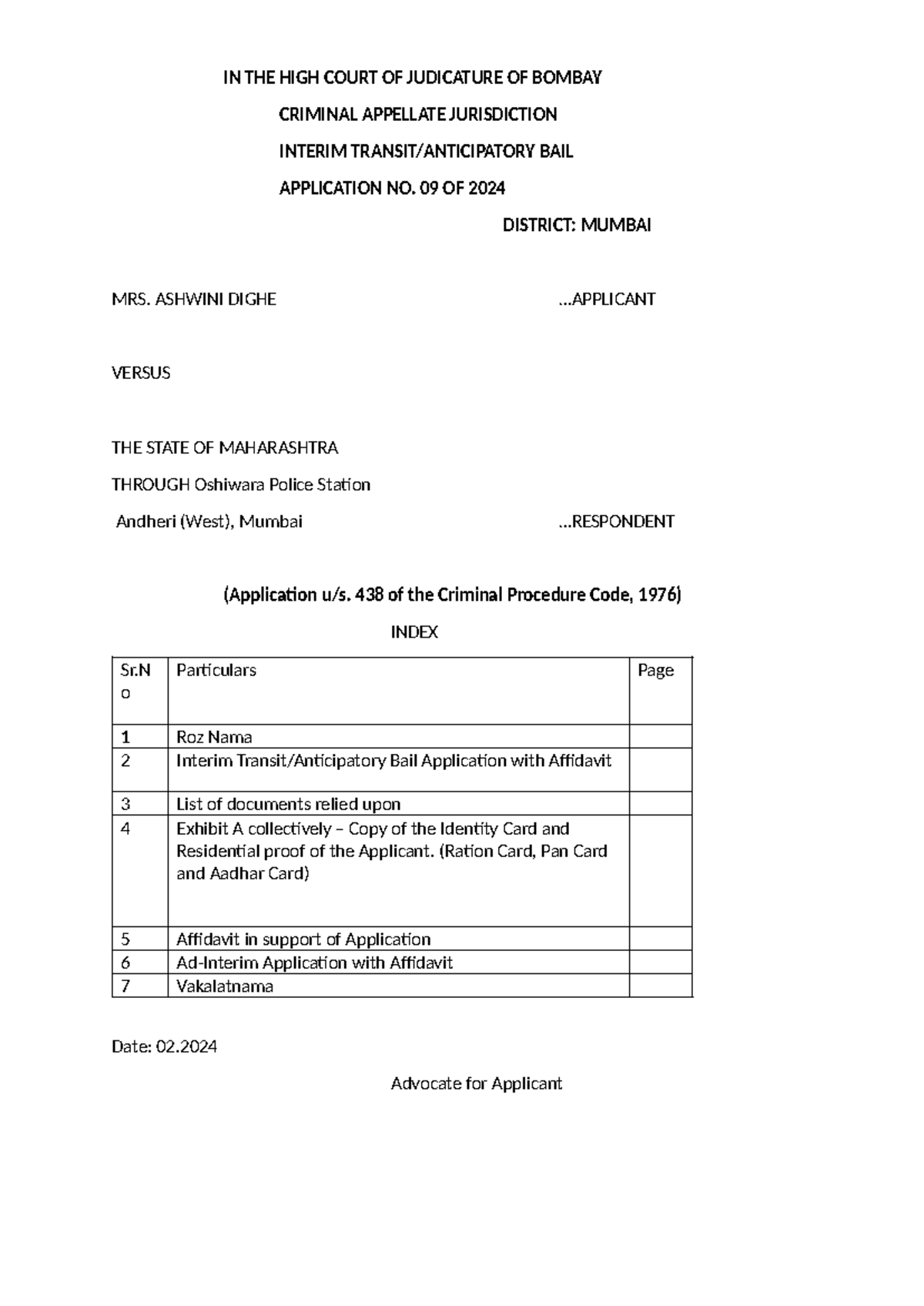 Application of Transit bail Word Doc - IN THE HIGH COURT OF JUDICATURE ...