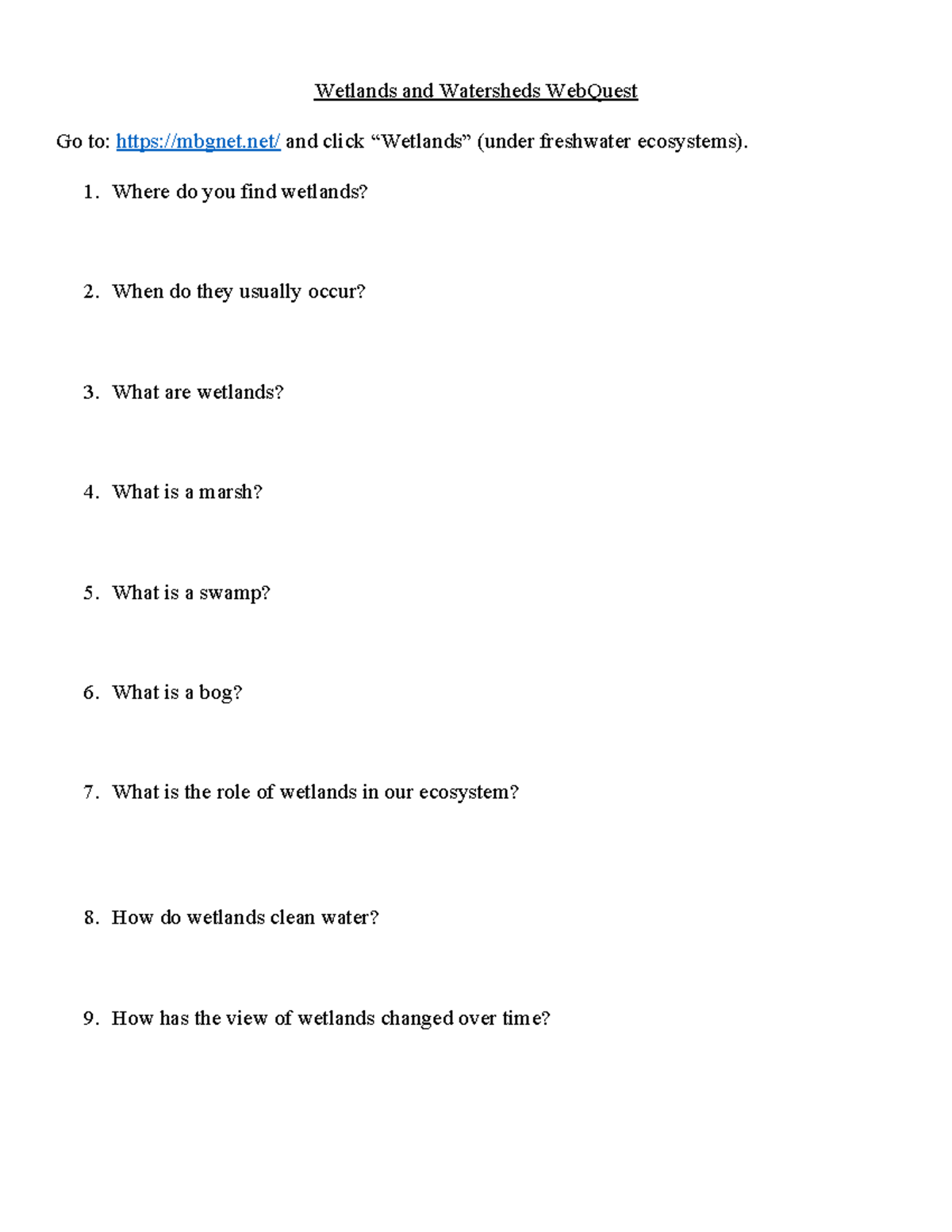 Wetlands and watersheds webquest - Wetlands and Watersheds WebQuest Go ...