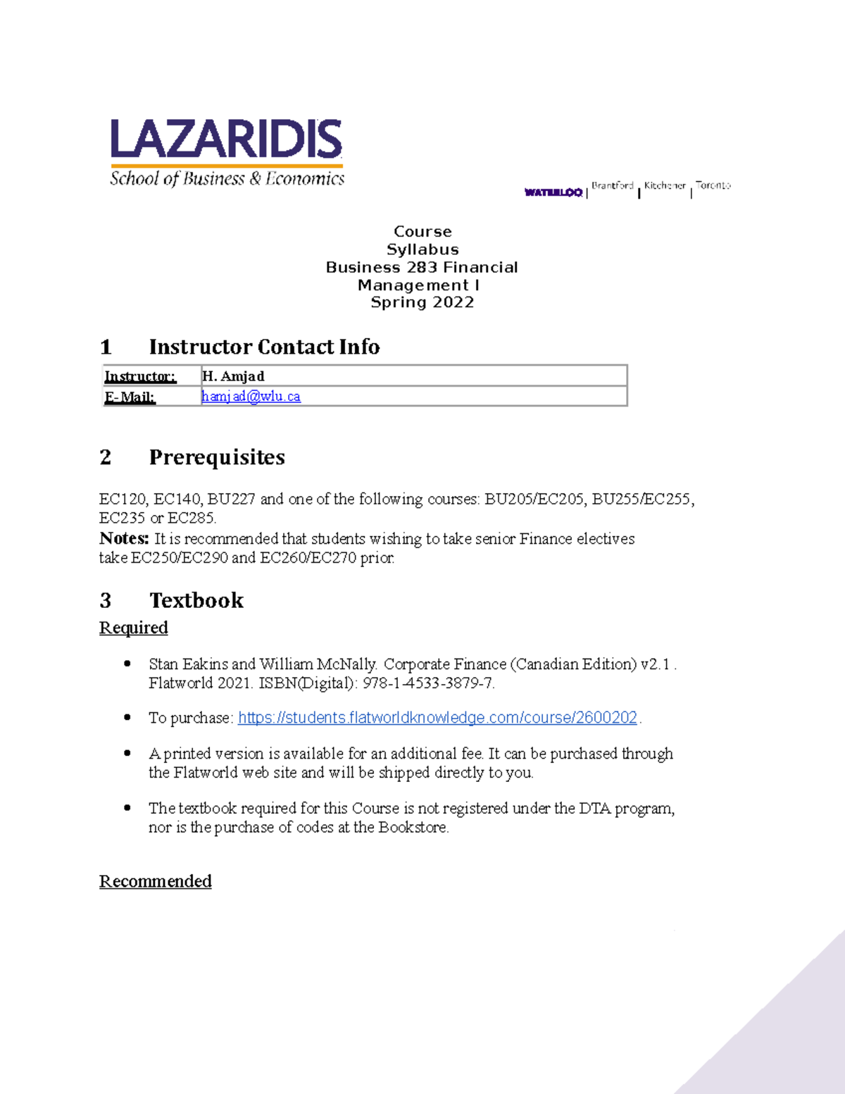 BU283 outline S22 - Course Syllabus Business 283 Financial Management I ...