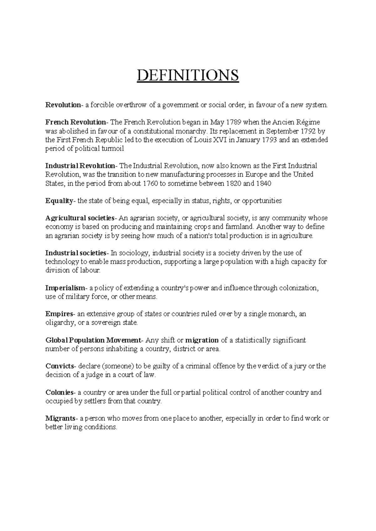 Definitions - pre modern history - DEFINITIONS Revolution- a forcible ...