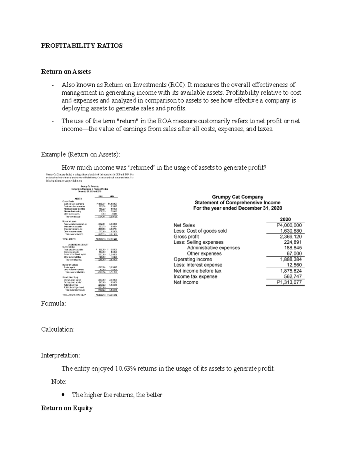 (ROA-ROE) Ratio - PROFITABILITY RATIOS Return on Assets - Also known as ...