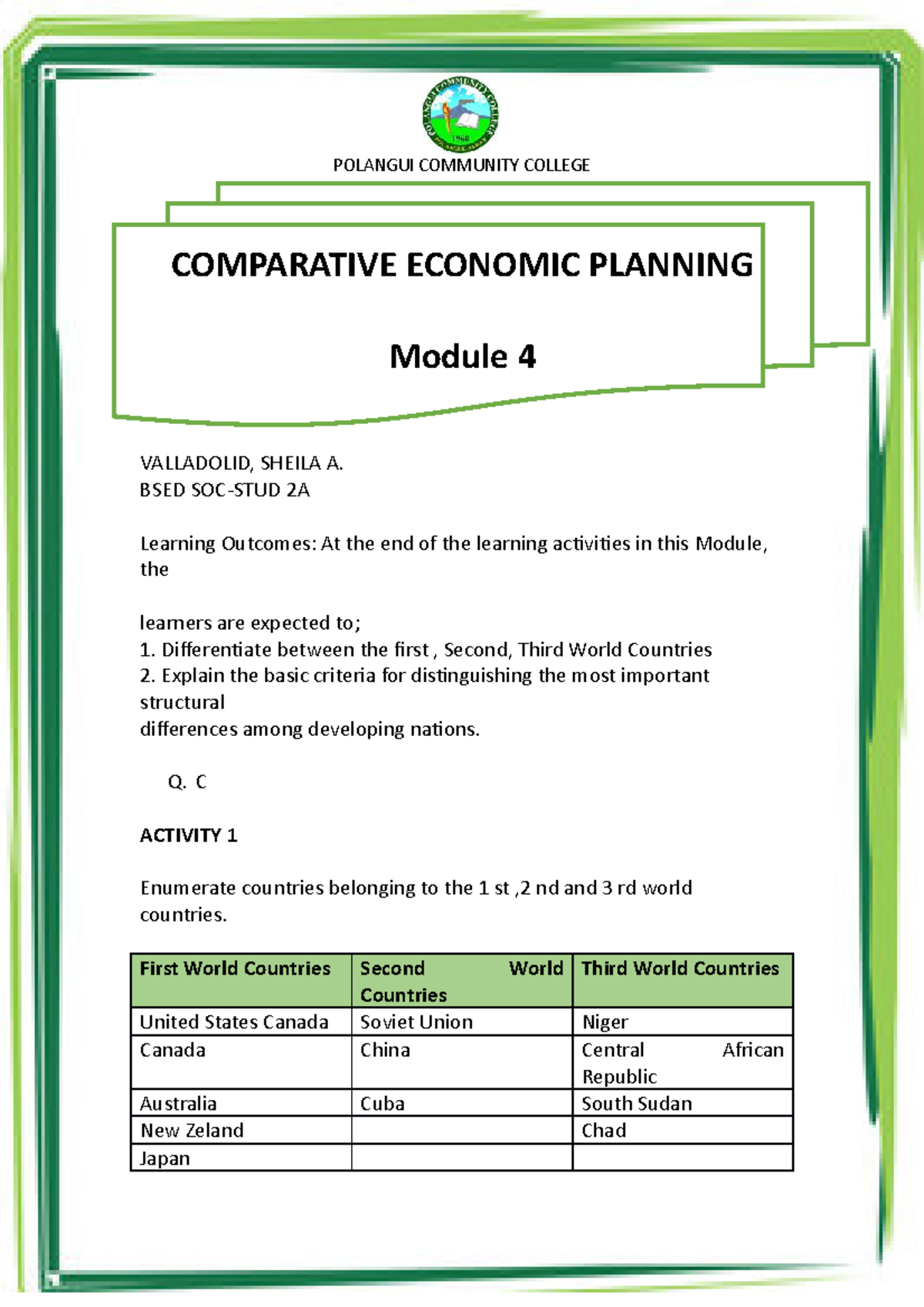 Comparative Economics M4 - POLANGUI COMMUNITY COLLEGE COMPARATIVE ...