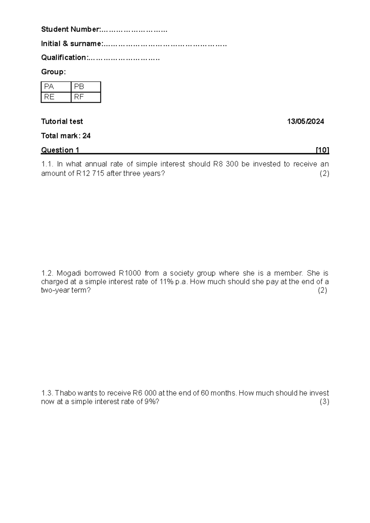 Chapter 15 tutorial test - Student Number ...