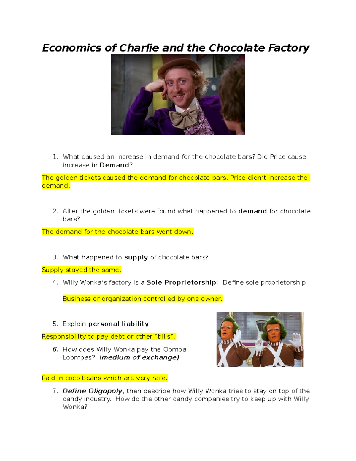 Willy Wonka Worksheet - Economics of Charlie and the Chocolate Factory ...