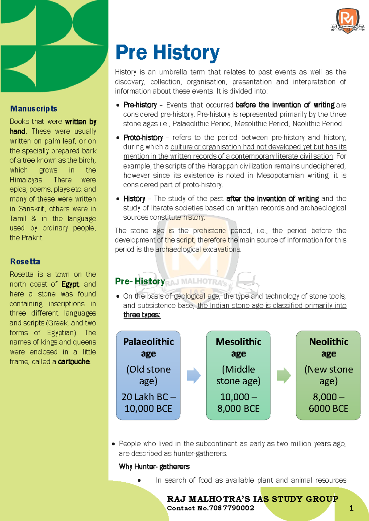 01. Pre History - RAJ MALHOTRA’S IAS STUDY GROUP Pre History History is ...